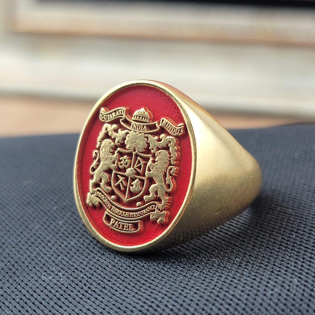 Red Enamel Sterling Silver Signet Ring, Custom Family Crest Engraved - Etsy