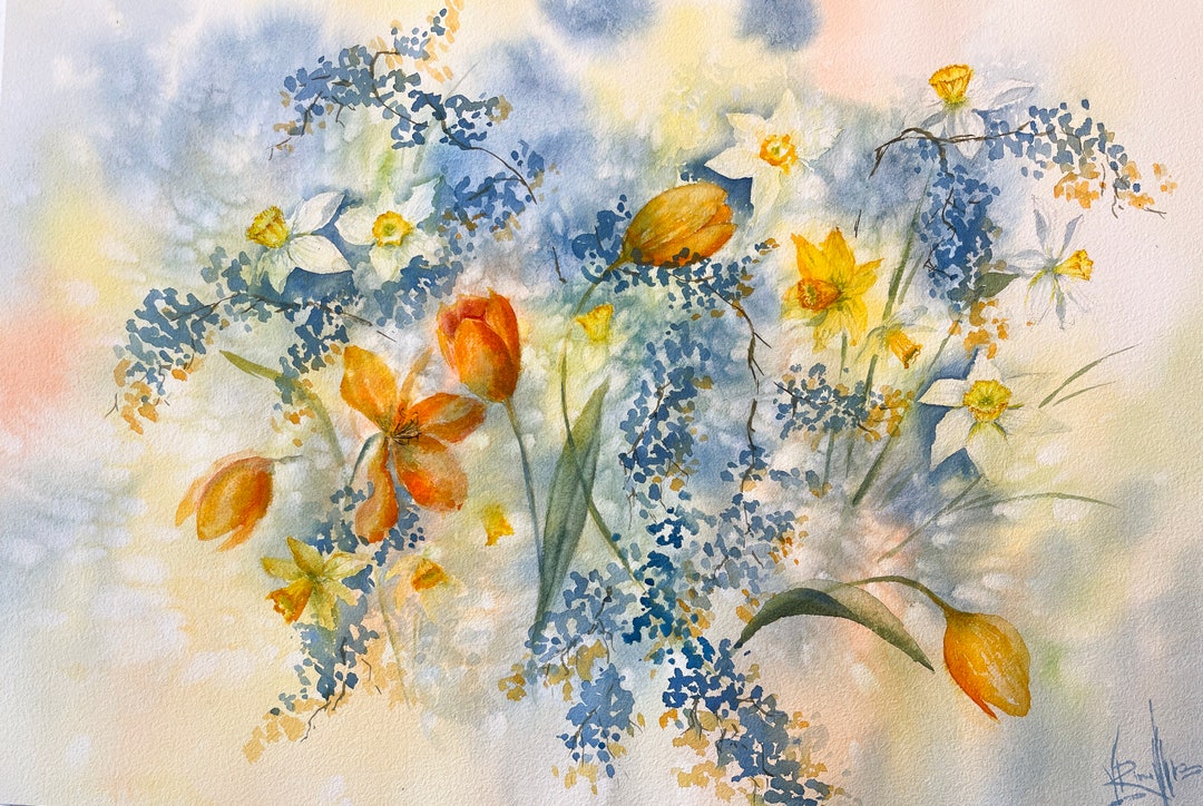 Watercolor Painting Spring Flowers: Tulips and Daffodils. Original ...