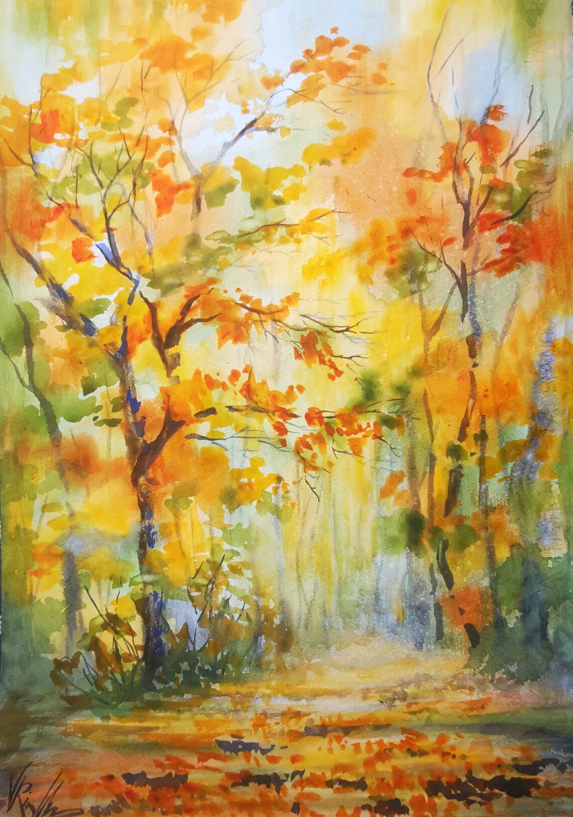 Colorful Forest Path. Watercolor Original Painting in Autumn Colors of ...