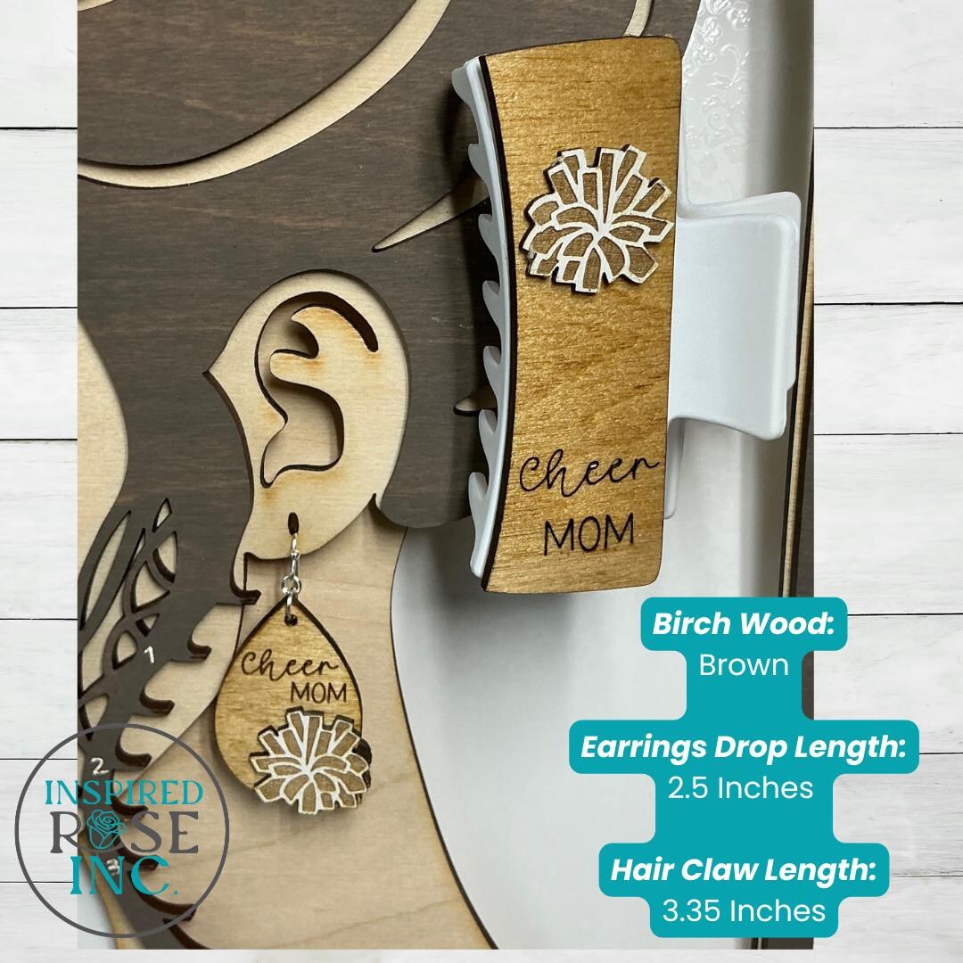 Cheer Mom Earrings & Hair Claw | Laser-cut Wood | Double-sided Earrings ...