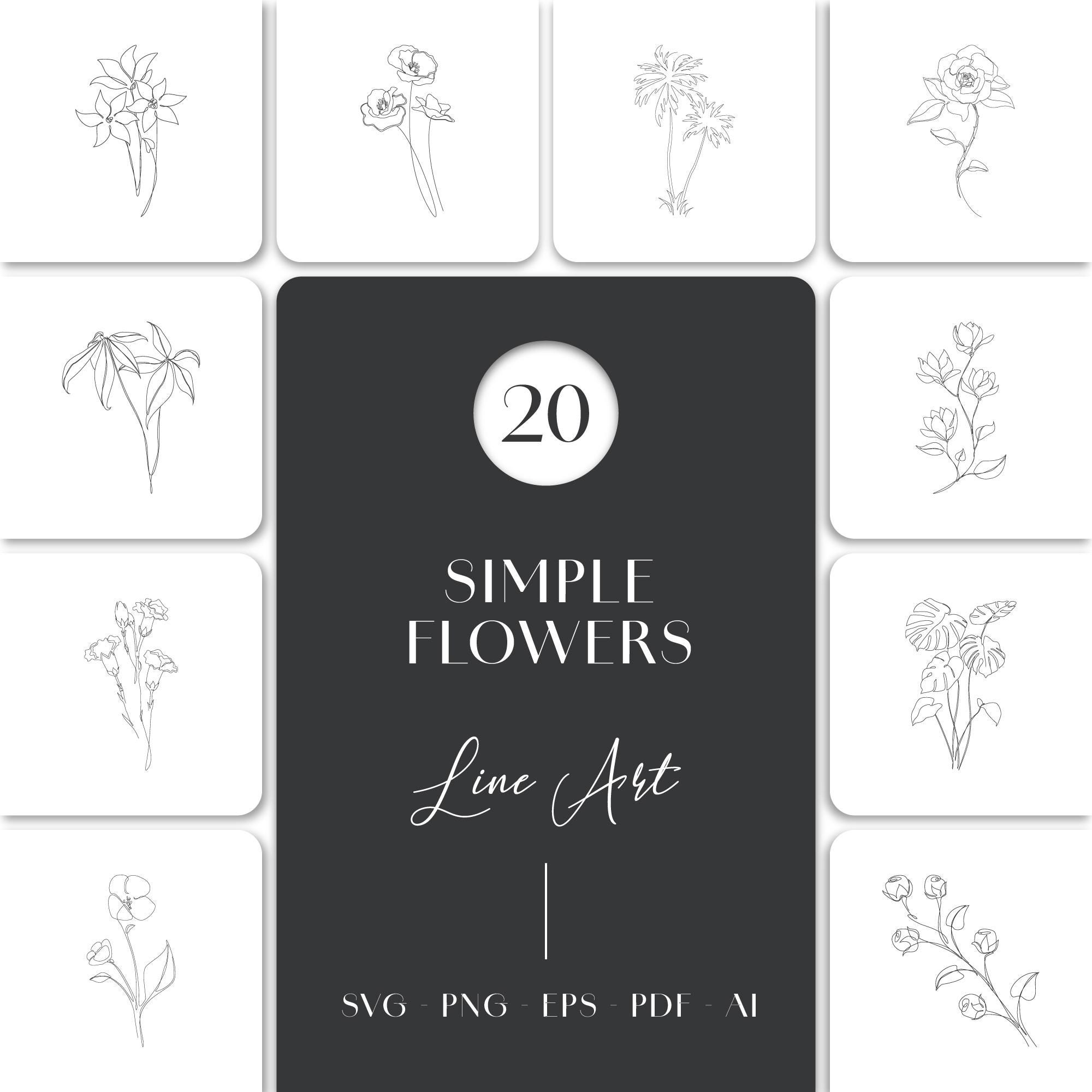 Simple Flower Line Art Bundle | 20 Minimalist Floral Designs Printable ...