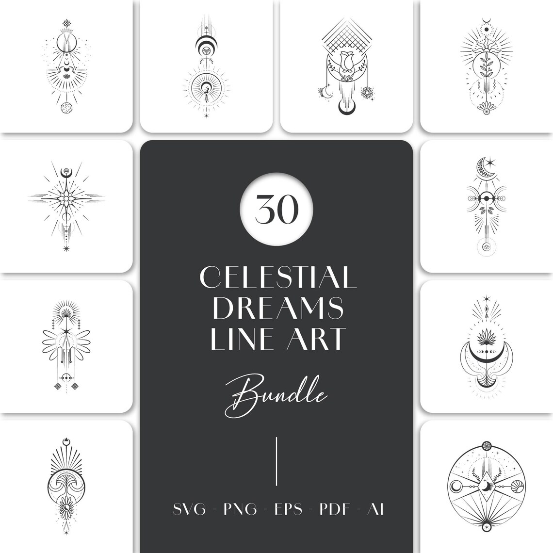 Celestial Dreams Line Art Bundle | Mystic Symbols Clipart, Minimalist ...