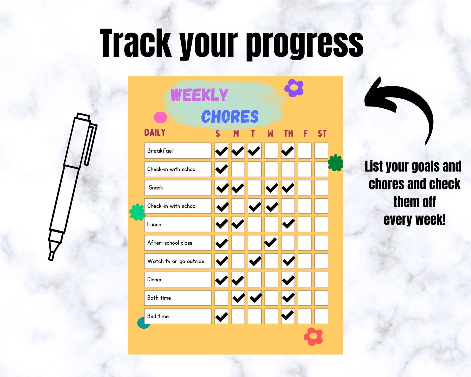 Printable Weekly Chores and Goals Checklist | Self Planner With ...