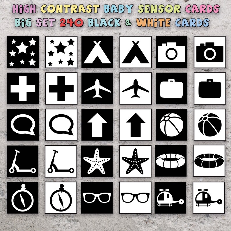240 Printable Sensory Cards, Black & White Cards, High Contrast Newborn ...
