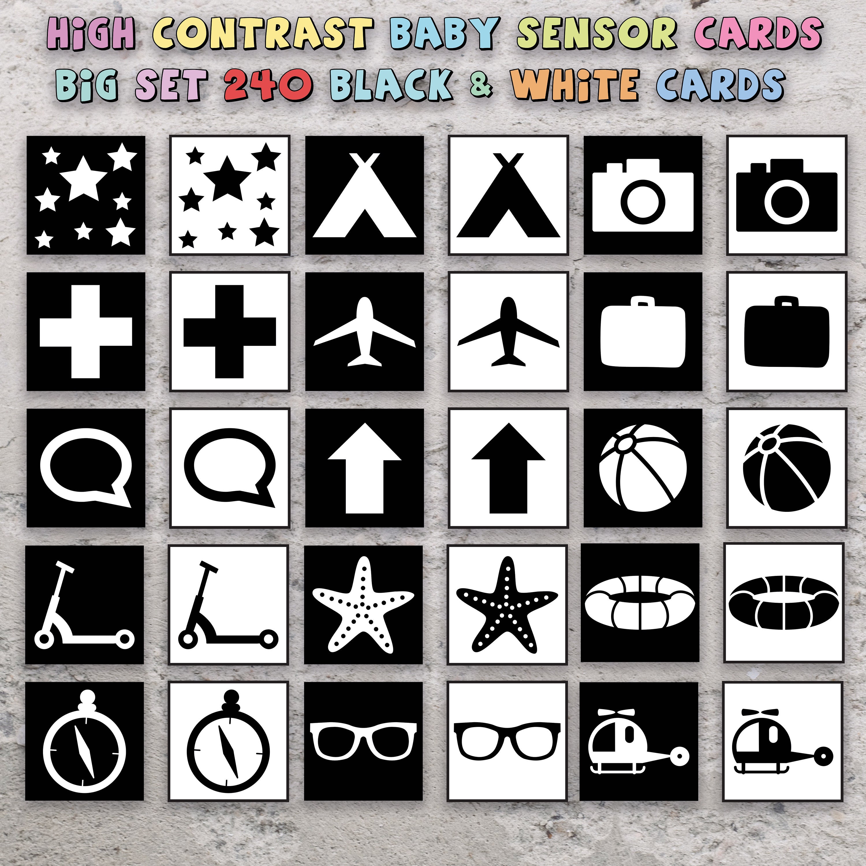 240 Printable Sensory Cards, Black & White Cards, High Contrast Newborn ...