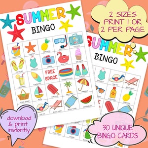 Summer Time Bingo, 30 Summer Bingo Cards, Party Game, Summer Activity ...