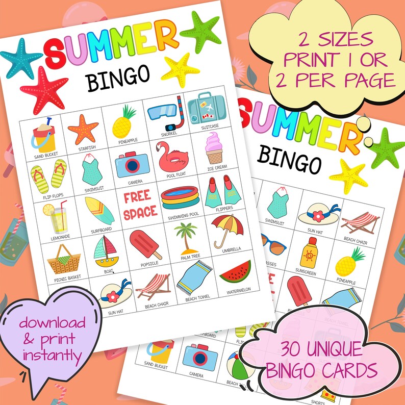 Summer Time Bingo, 30 Summer Bingo Cards, Party Game, Summer Activity ...