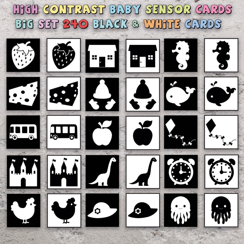 240 Printable Sensory Cards, Black & White Cards, High Contrast Newborn ...