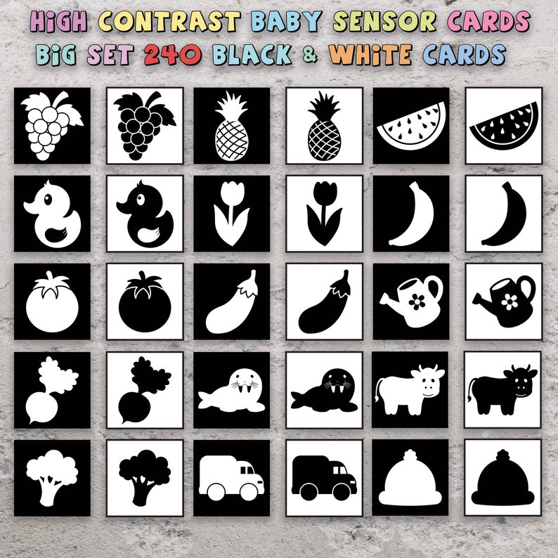 240 Printable Sensory Cards, Black & White Cards, High Contrast Newborn ...