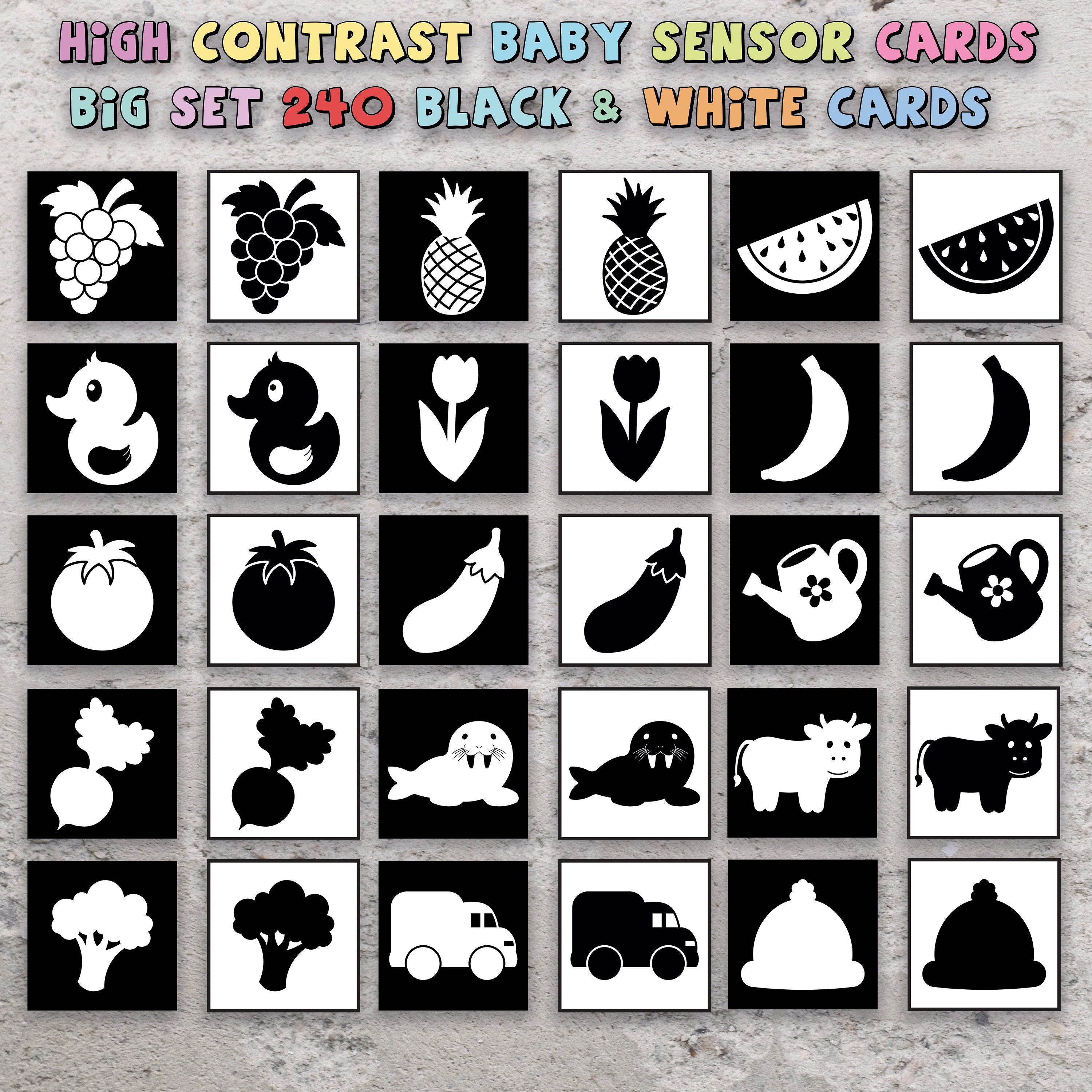 240 Printable Sensory Cards, Black & White Cards, High Contrast Newborn ...