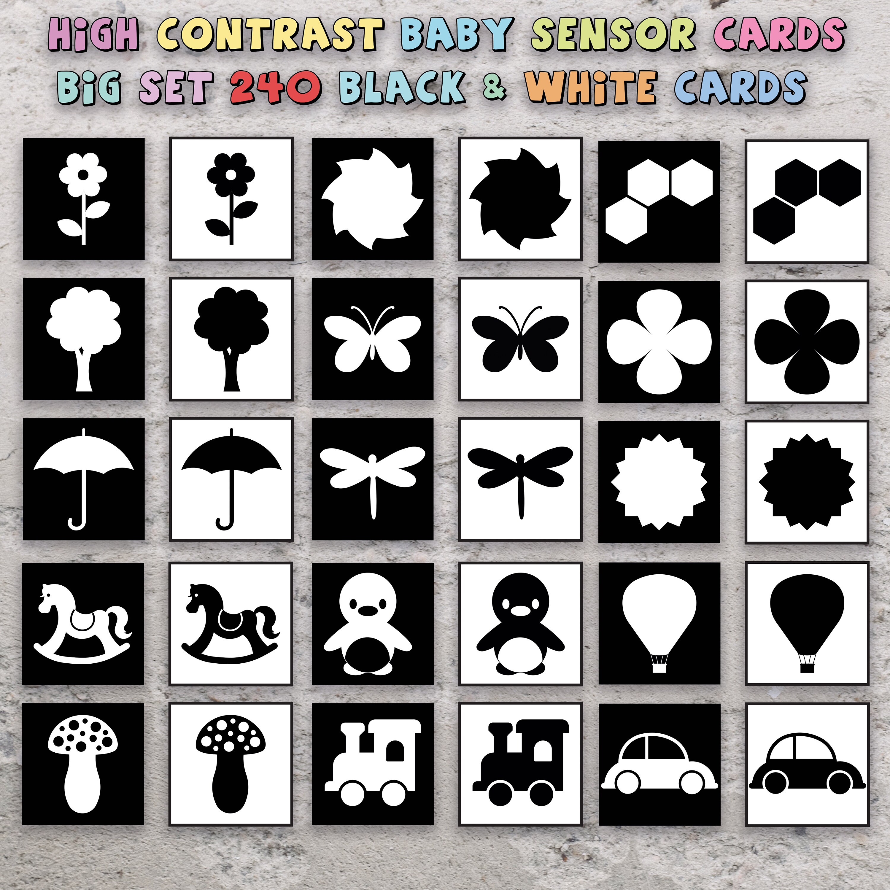 240 Printable Sensory Cards, Black & White Cards, High Contrast Newborn ...