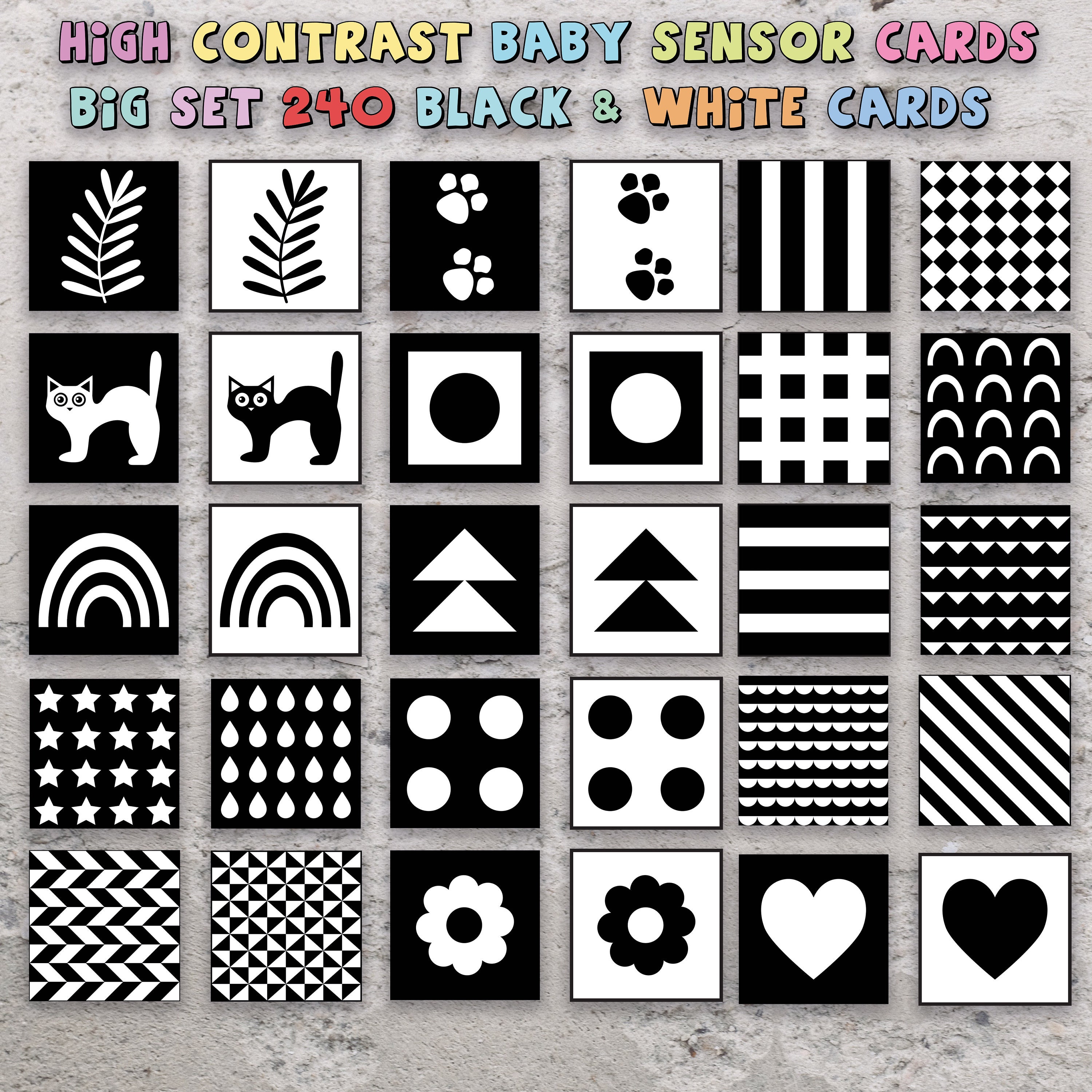240 Printable Sensory Cards, Black & White Cards, High Contrast Newborn ...