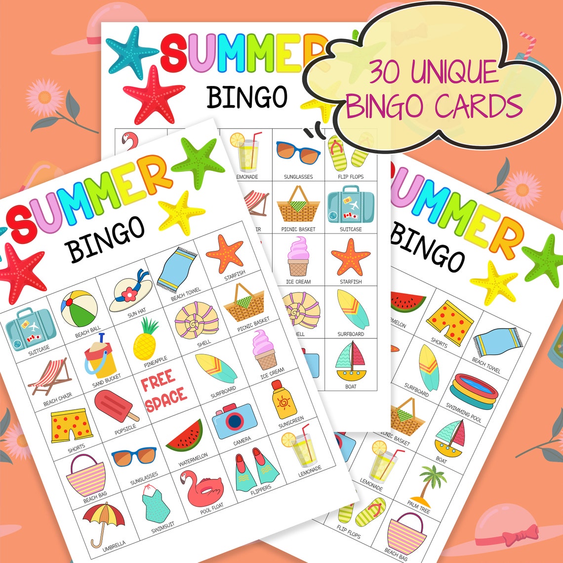 Summer Time Bingo, 30 Summer Bingo Cards, Party Game, Summer Activity ...