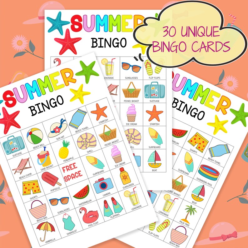 Summer Time Bingo, 30 Summer Bingo Cards, Party Game, Summer Activity ...