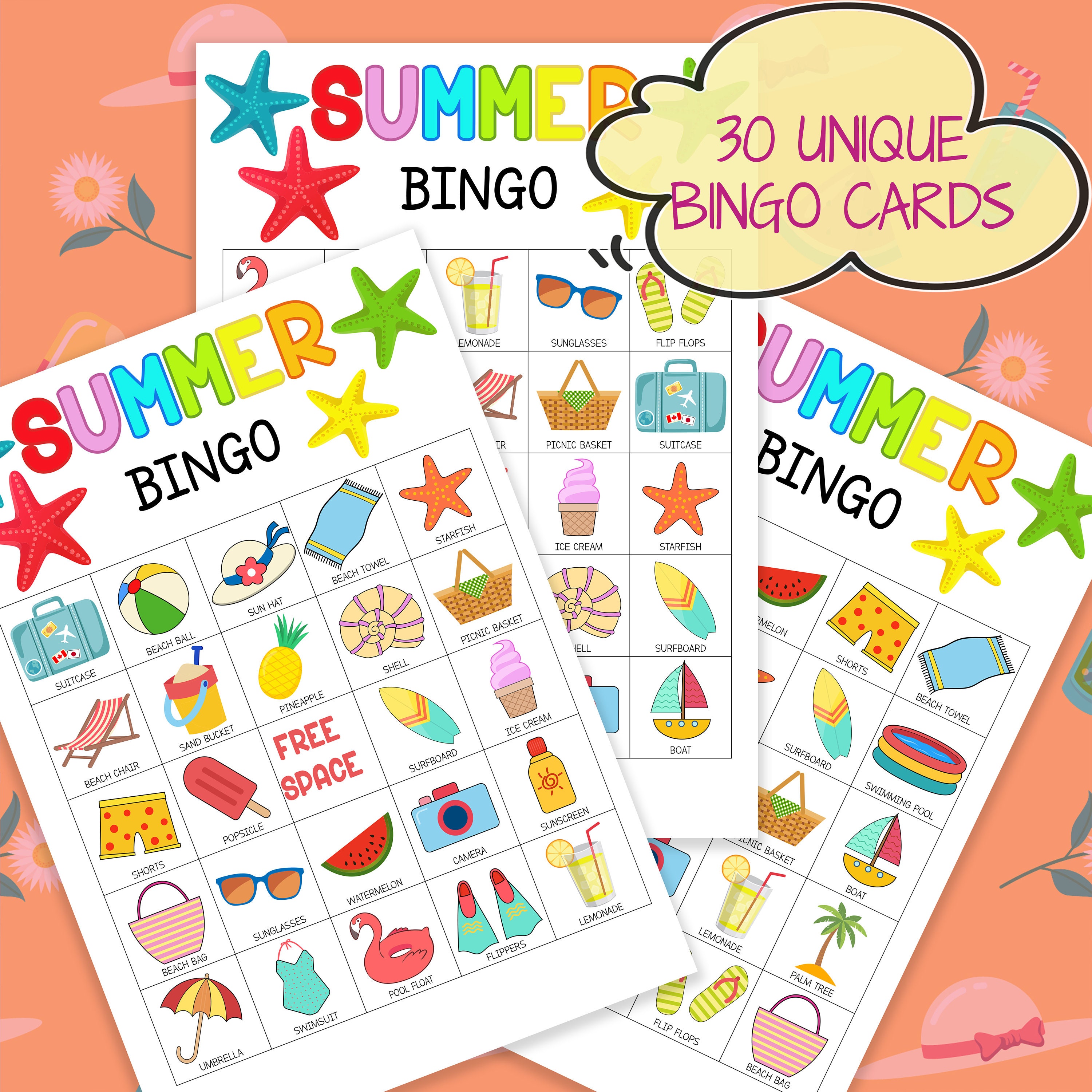 Summer Time Bingo, 30 Summer Bingo Cards, Party Game, Summer Activity ...