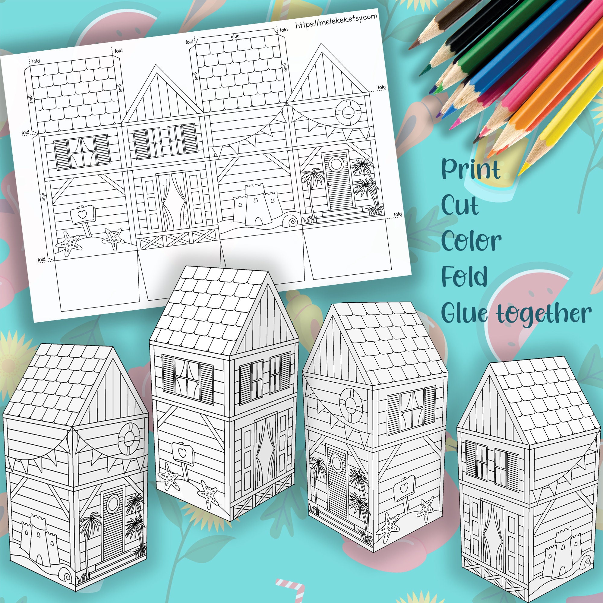 Paper Beach Houses Template Printable Craft, Activity Sheets, Paper ...