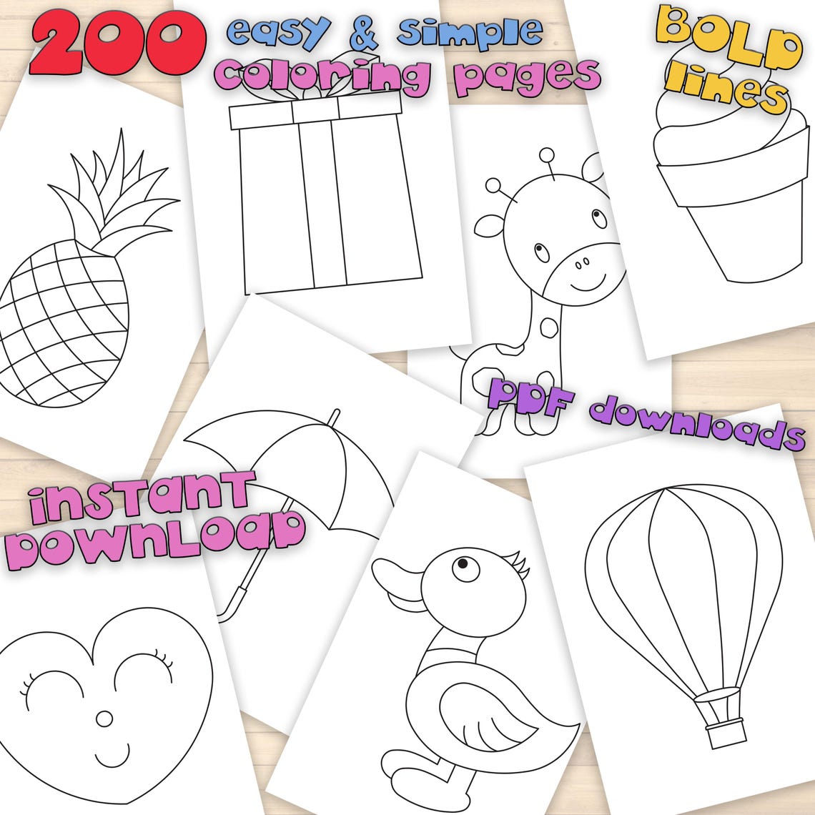 200 Simple & Easy Coloring Pages, Printable Coloring Book, Coloring ...