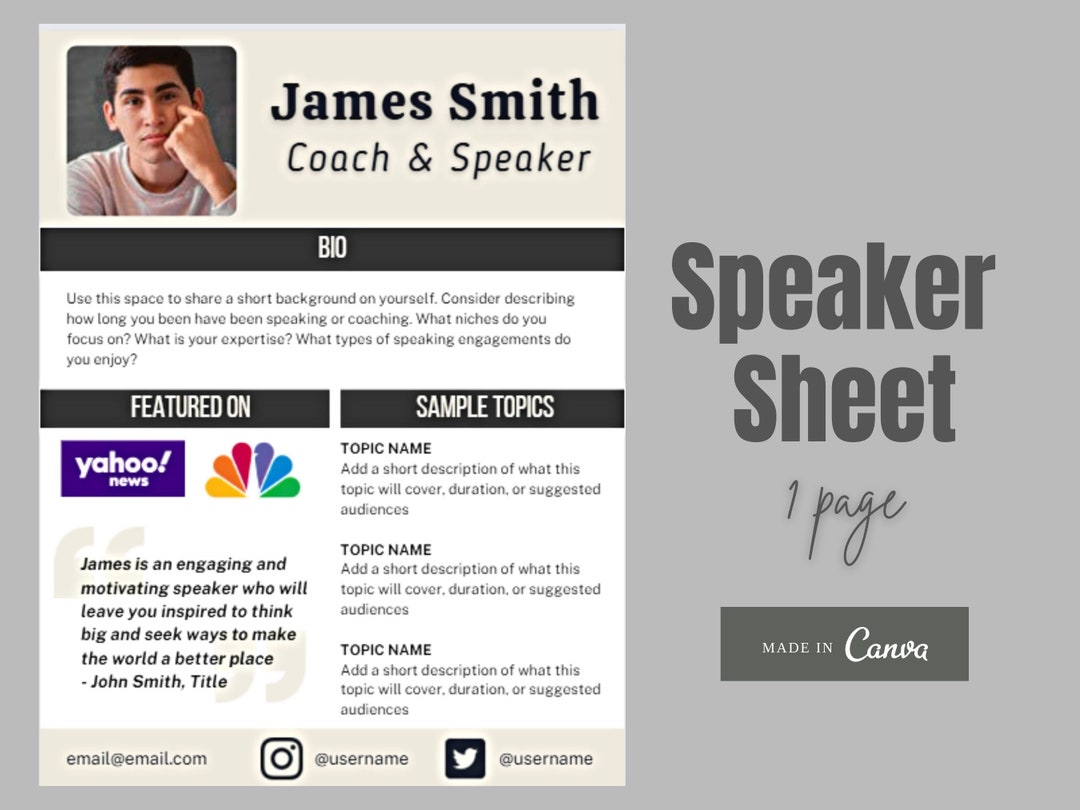 1 Page Speaker Sheet Speaker One Sheet Template Speaker Sheet Template ...
