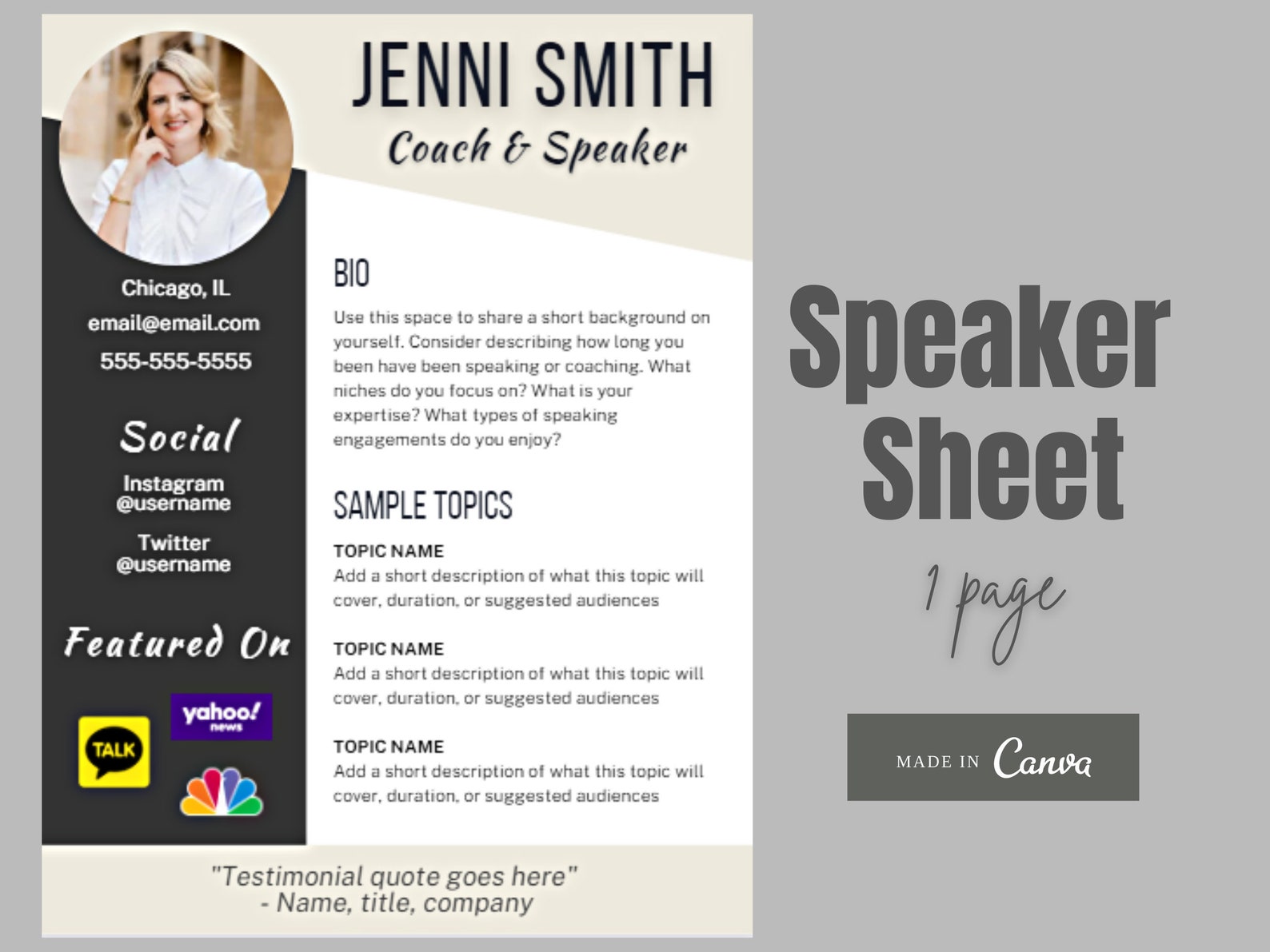 Speaker Sheet | Speaker One Sheet Template | Canva Template | Speaker Sheet Template ...