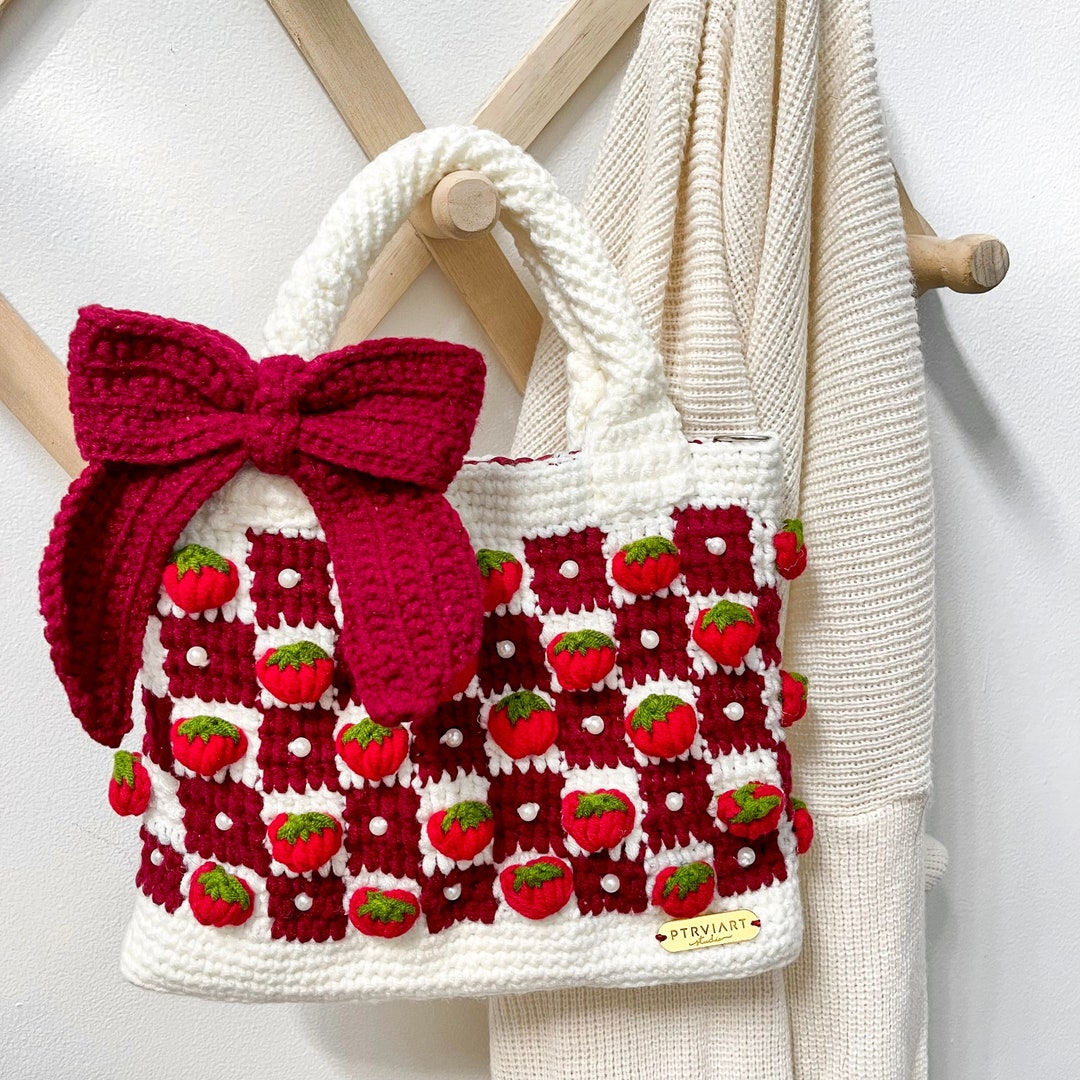 2 in 1 Strawberry Crochet Bag, Geometry Crochet Hand Bag, Checkered Bag ...
