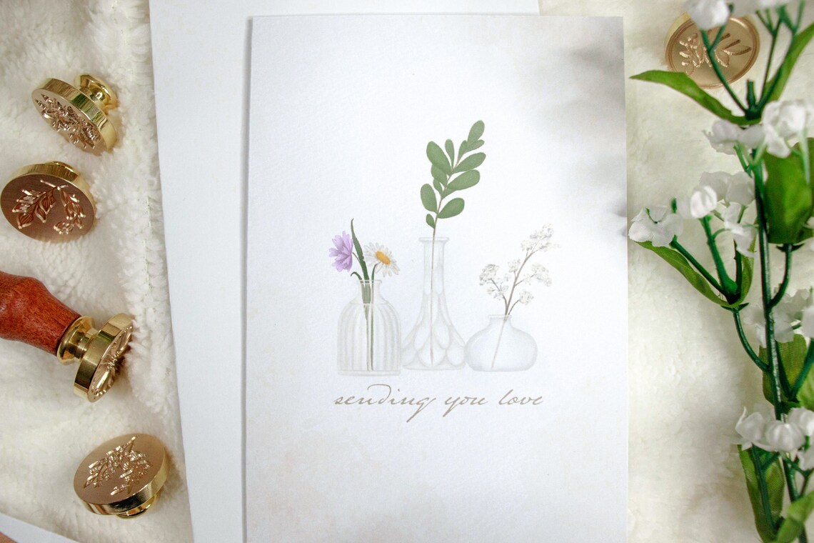 Cute Vintage Cottagecore Bud Vases Greeting Card, I Love You Card ...