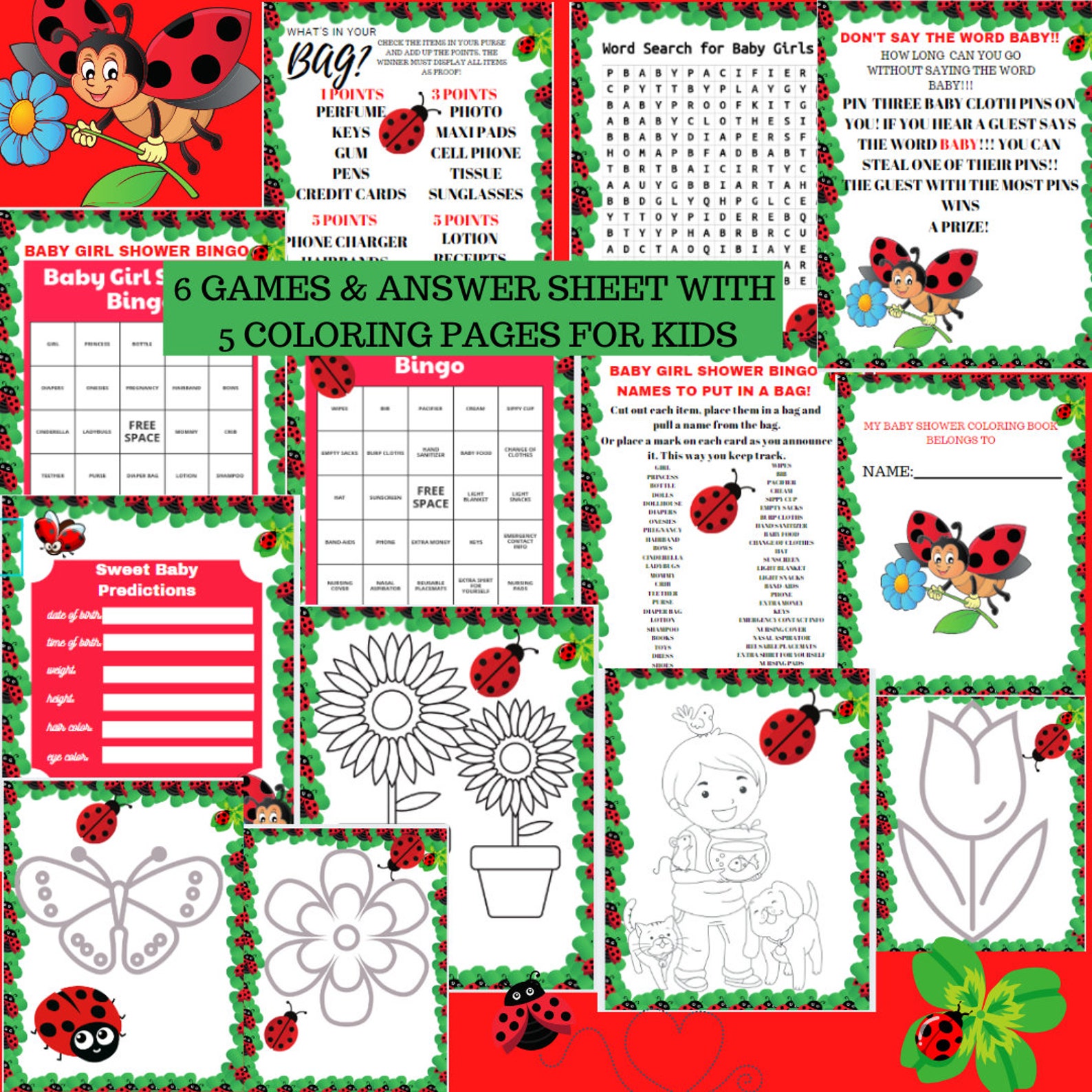 Red Ladybug Themed Baby Shower Game Pack, Printable Baby Shower ...