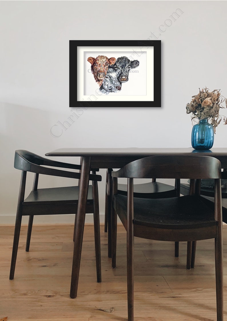 Galloway Cattle, Cows in Watercolour and Ink Artwork trio of Galloway ...