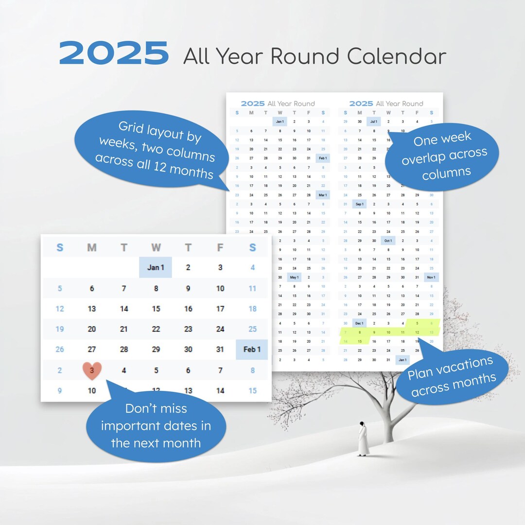 2025 All Year Round Printable Calendar (6 Different Layout and Sizes ...