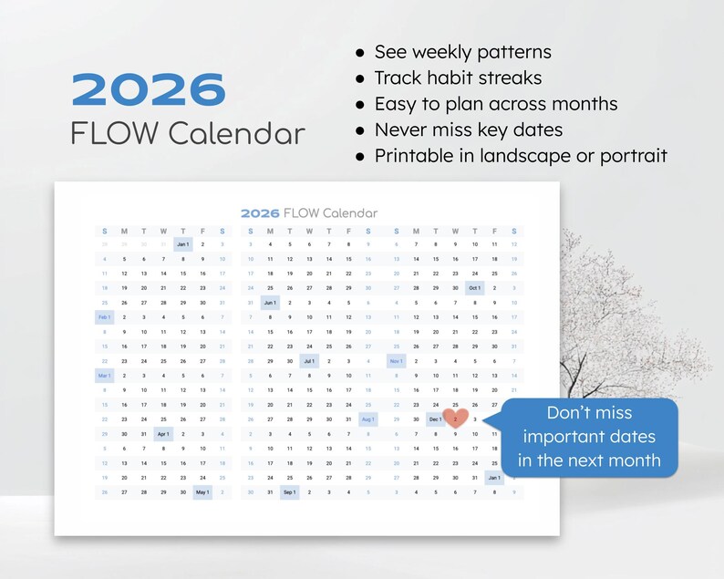 2026 FLOW Calendar - Printable PDF Download | Continuous 6 Month Wall ...