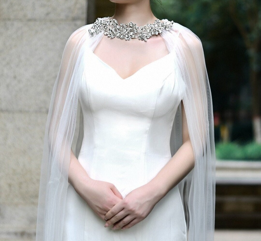 3M Tulle Bridal Cape, Rhinestone Wedding Bolero Shawl, Bridal Wrap With Long Train, Bridal ...