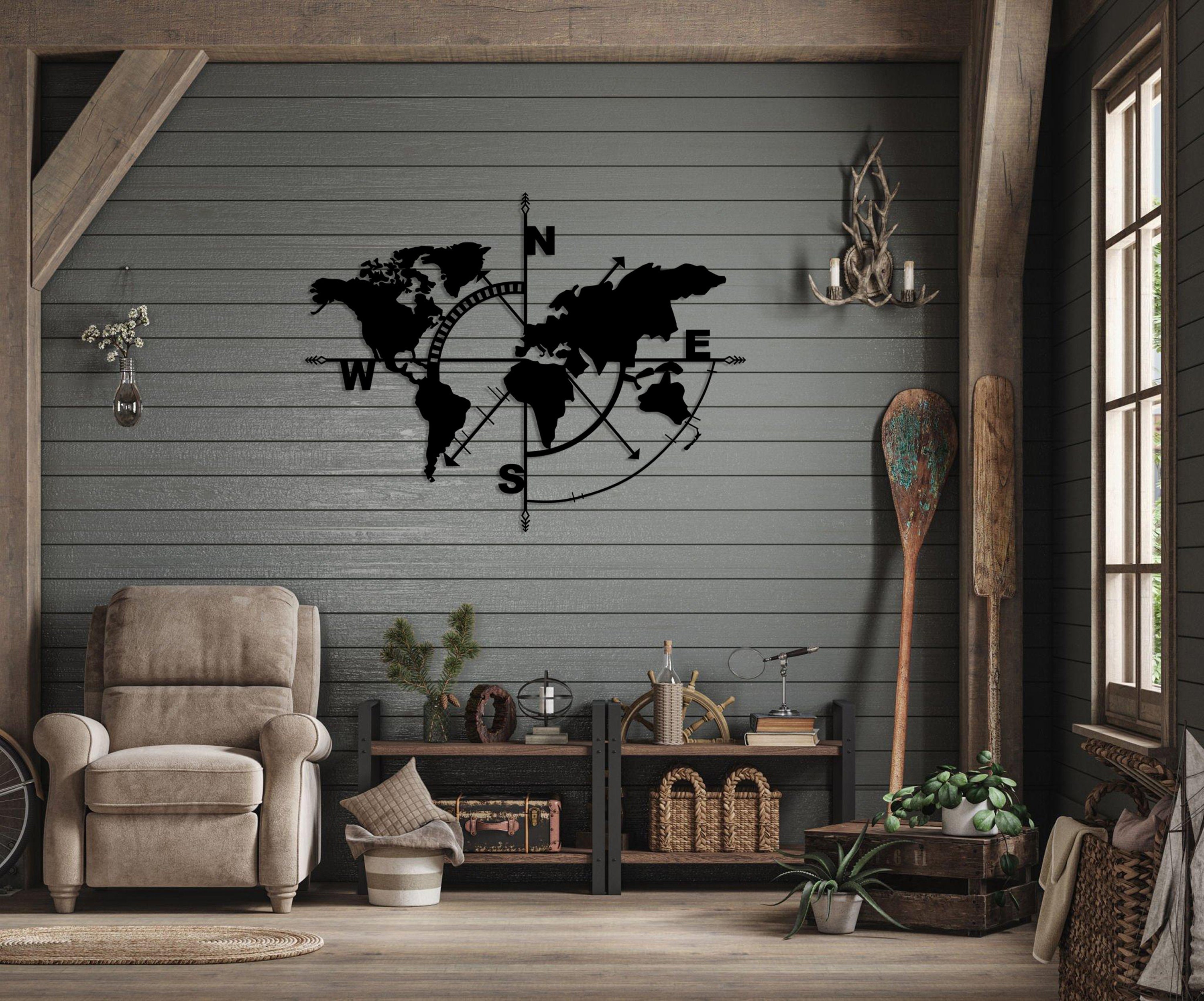 Metal World Map Decor, World Map Compass Wall Art, Metal Wall Art, Home ...