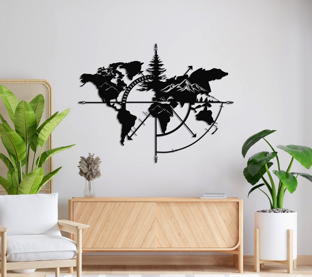 Metal World Map Decor, World Map Mountain Wall Art, Metal Wall Art ...