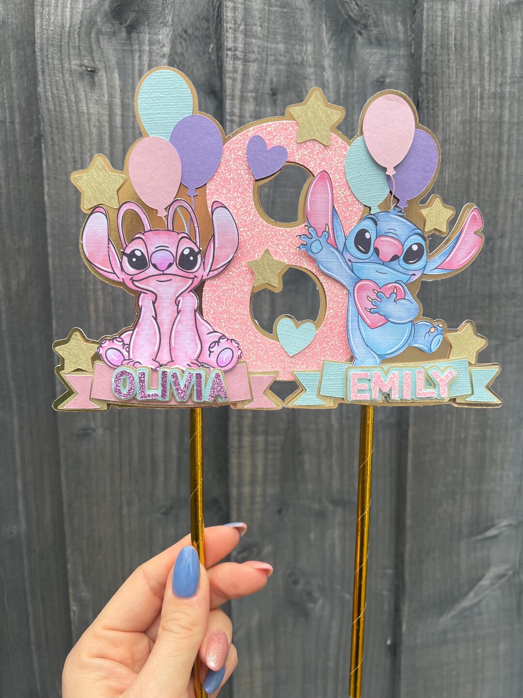 Personalised STITCH and ANGEL Birthday Topper, TWINS, Any Age, Any ...