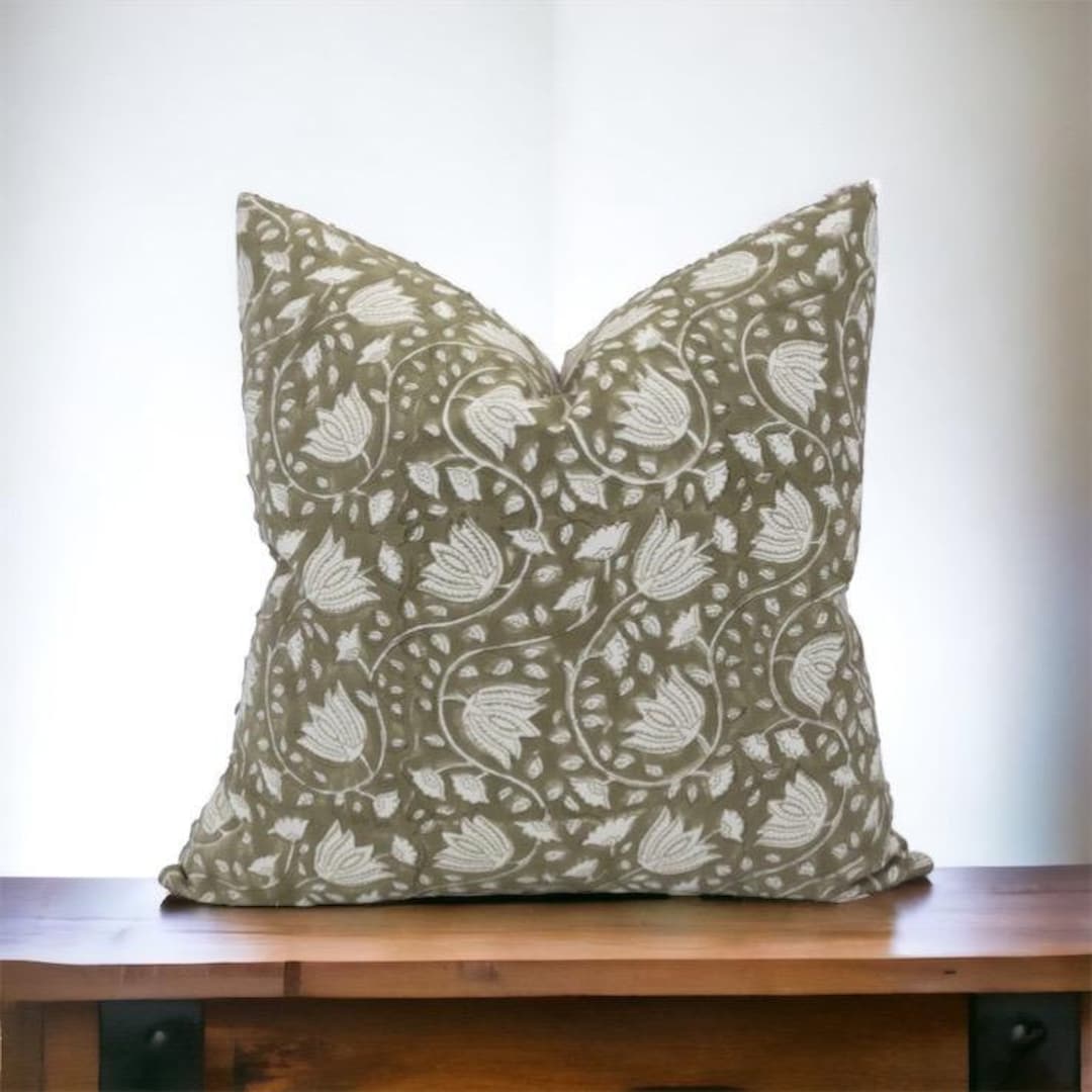 Olive Green|| Block Print Pillow Cover, / Soft Green /floral Pillow ...