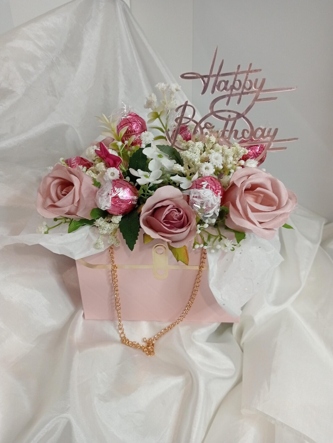 Pink Birthday, Anniversary Lindor Chocolates & Artificial Roses Gift ...