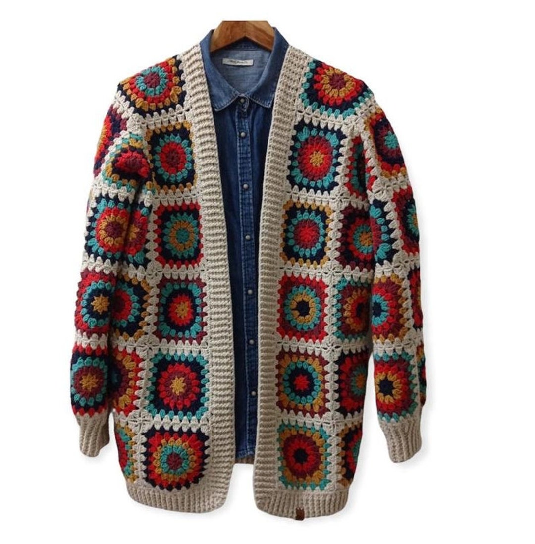 Colorful Jacket, Ladies Crocheted Coat,granny Square Cardigan, Winter ...