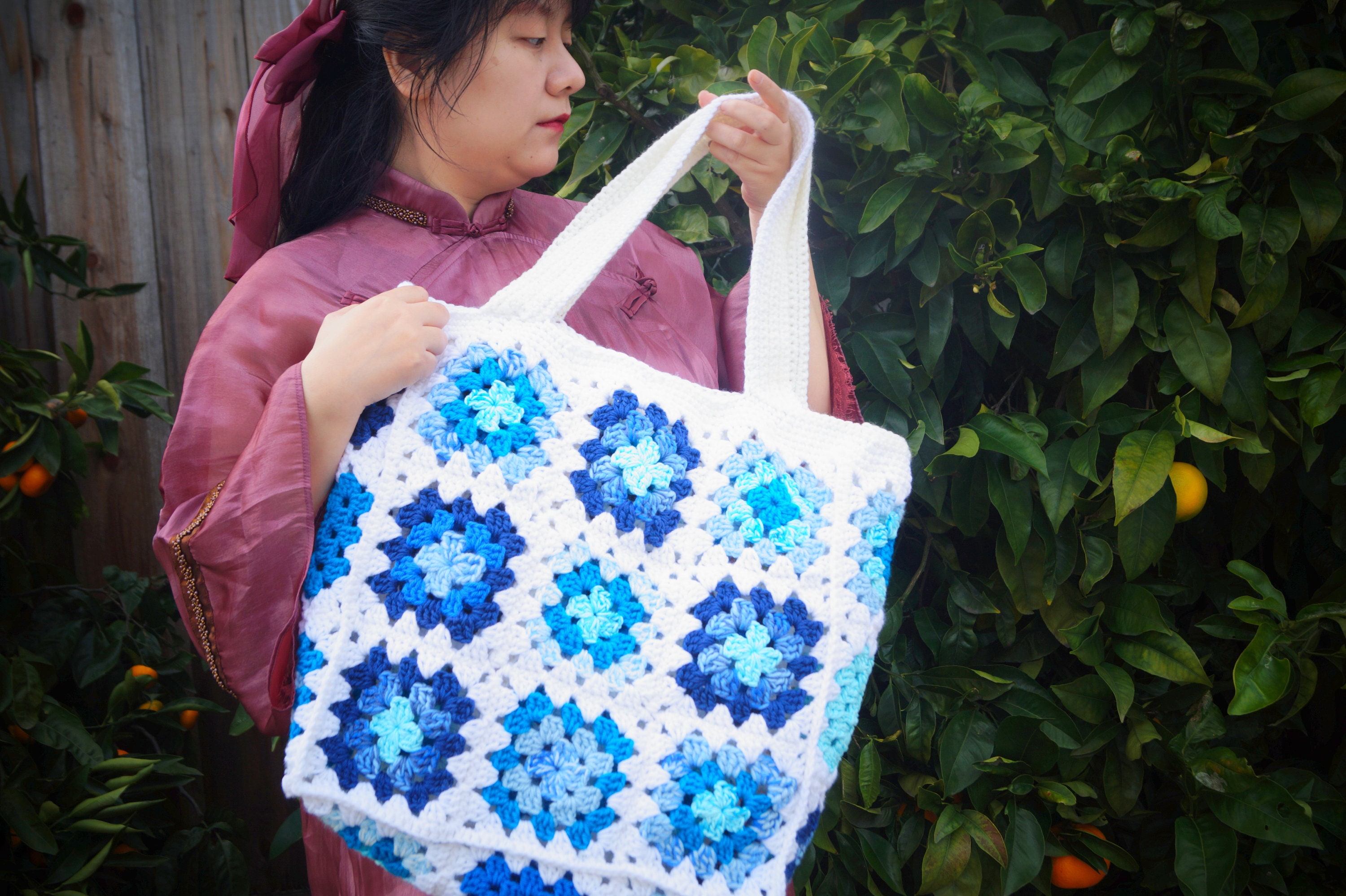 Boho Beach Bag, Granny Square, Blue and White Crochet Purse, Hippie ...