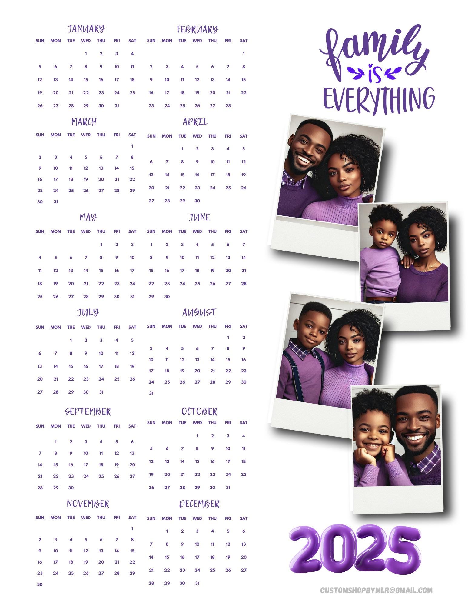 2025 Yearly Custom Family Photo Calendar, Laminated | Year at a Glance ...