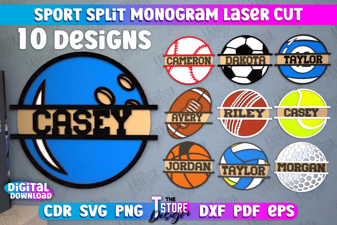 Custom Sports Name Signs Lasercut Bundle, Personalized Split Monogram ...
