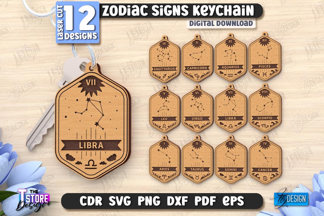 Zodiac Signs Keychains Laser Cut Bundle, Astrology Signs SVG, Horoscope ...