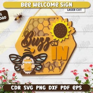 Honey Bee Welcome Signs Laser Cut Bundle, Summer Round Door Sign Svg ...