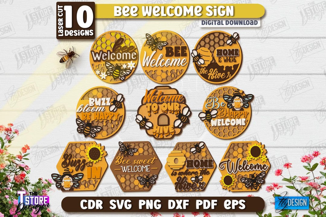 Honey Bee Welcome Signs Laser Cut Bundle, Summer Round Door Sign Svg ...