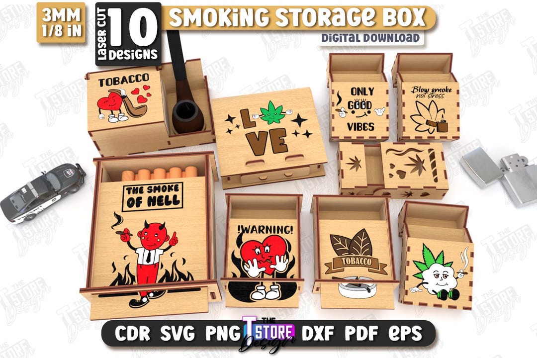Smoking Storage Box Laser Cut Bundle, Engraved Cigarette Holder, Wooden ...