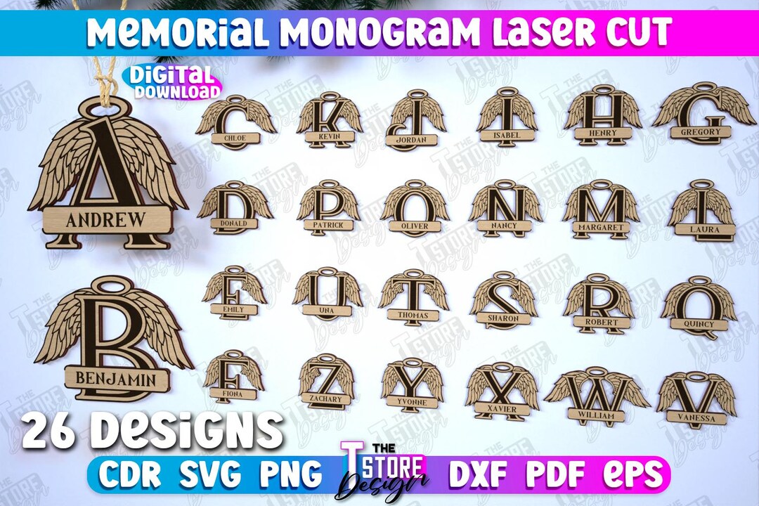 Memorial Monogram Laser Cut, Split Alphabet Monogram Bundle, 3D Angel ...