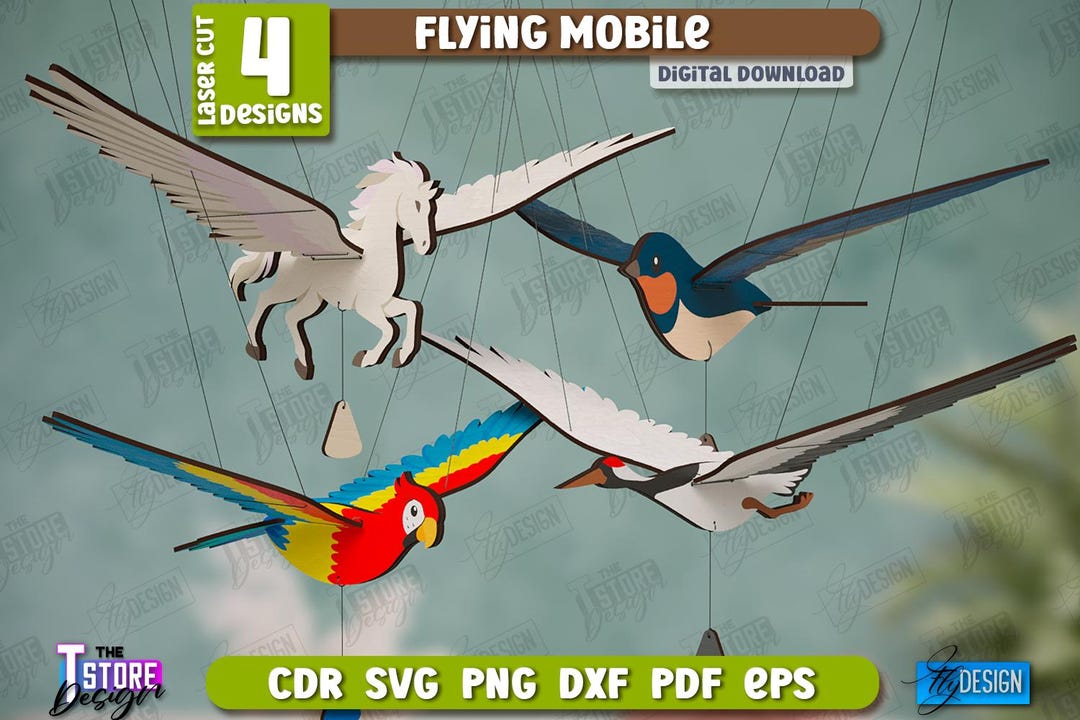 Wooden Flying Birds Mobile Laser Cut Bundle, Birds Flying Mobile Svg ...