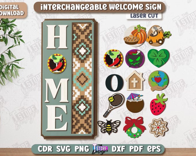 Interchangeable Welcome Sign Laser Cut, Seasonal Wooden Door Sign Svg ...