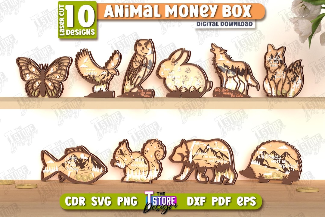 Animal Money Boxes Laser Cut Bundle, 3D Animal Piggy Bank SVG, Money ...
