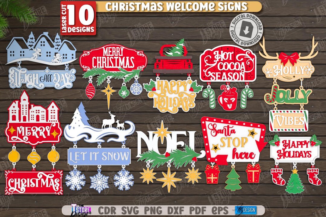 3d Christmas Wooden Welcome Signs Laser Cut Bundle, Xmas Wall Decor ...