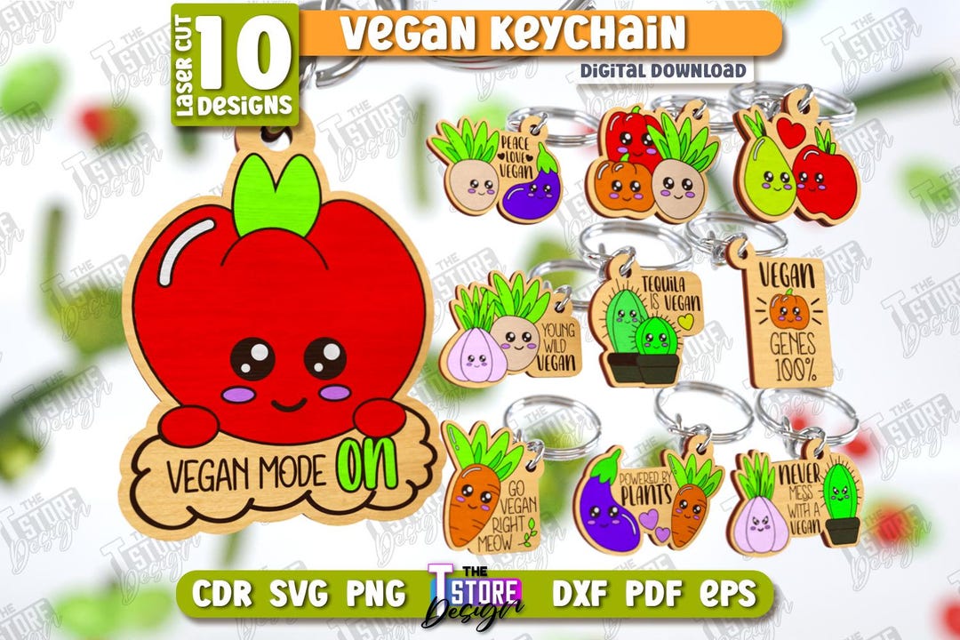 Vegan Keychains Lasercut Bundle, Wooden Vegan Accessories SVG, Eco ...