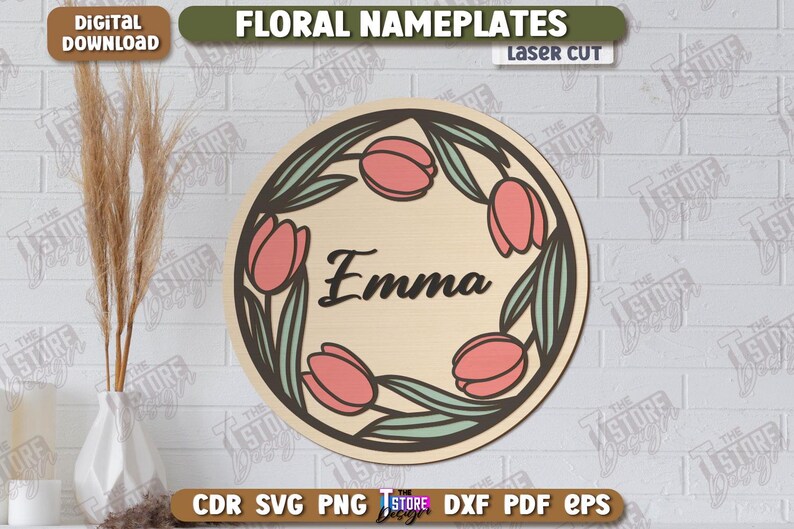 Round Floral Name Plates Laser Cut Bundle, Floral Door Hanger, Wall ...